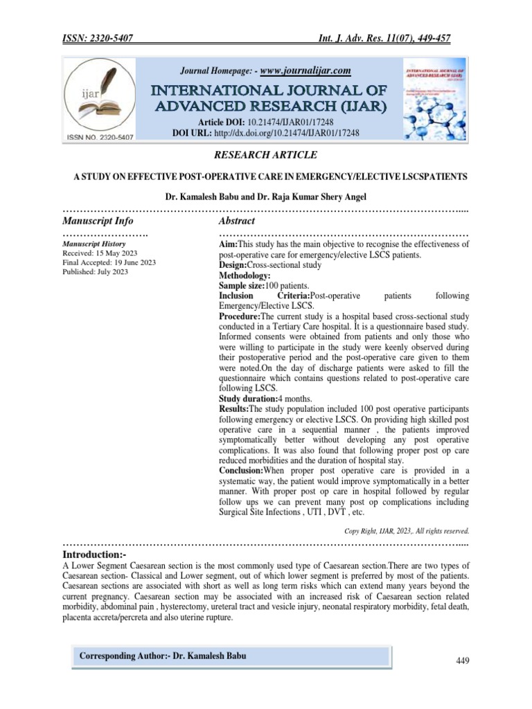 A Study On Effective Post-Operative Care in Emergency/elective LSCS ...
