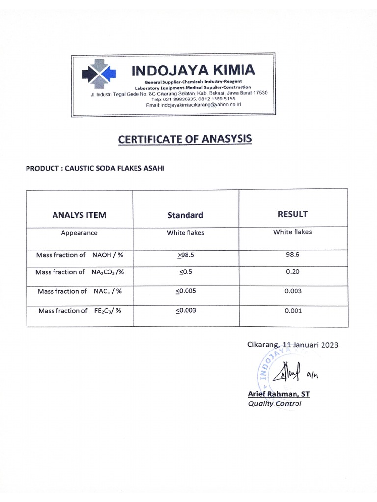 COA Caustic Soda Flake Asahi 1101 | PDF