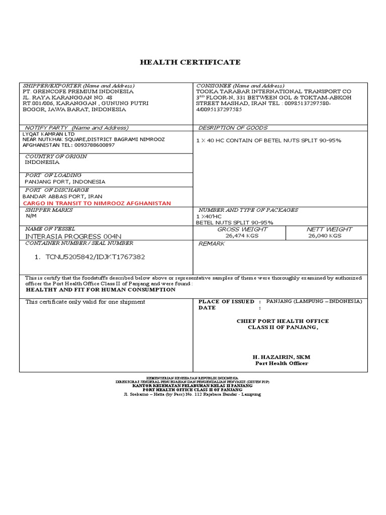 Health Certificate for Betel Nuts Export | PDF | Logistics | Transport