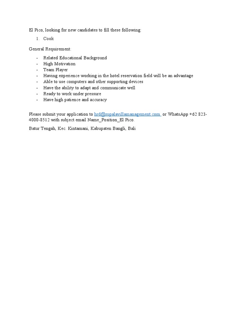 Job Advertisement Cook El Pico | PDF