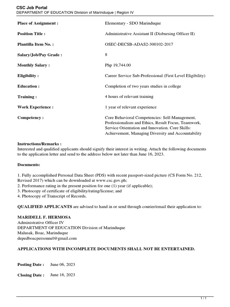 DEPARTMENT OF EDUCATION Division of Marinduque-Administrative Assistant ...