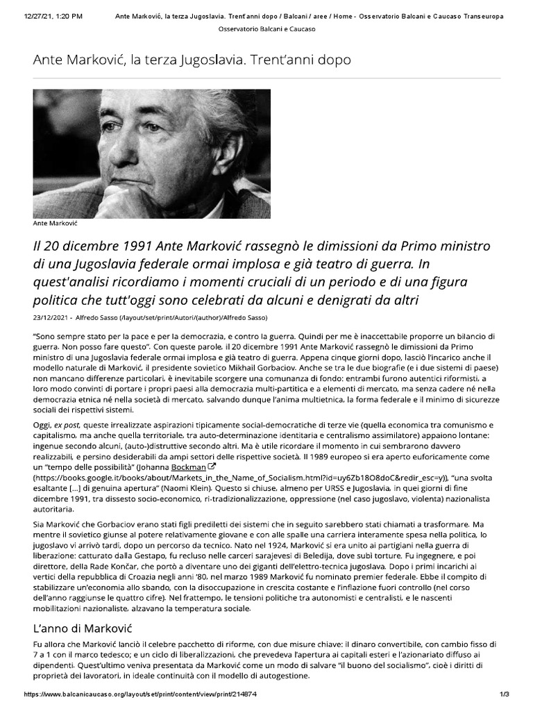 Ante Markovic La Terza Jugoslavia Trenta | PDF