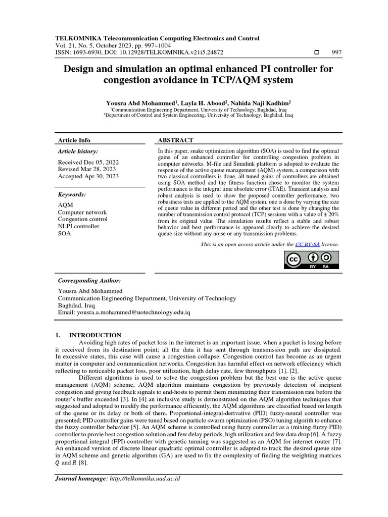 Design And Simulation An Optimal Enhanced Pi Controller For Congestion Avoidance In Tcp Aqm