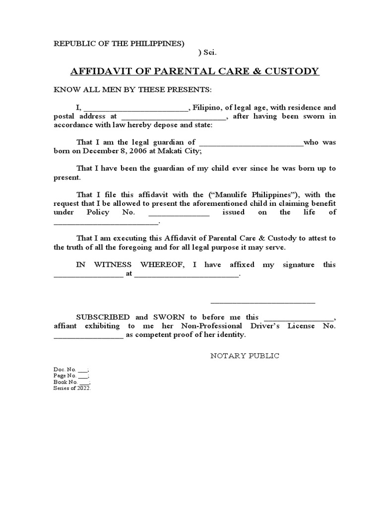 Affidavit of Parental Care & Custody: Notary Public | PDF