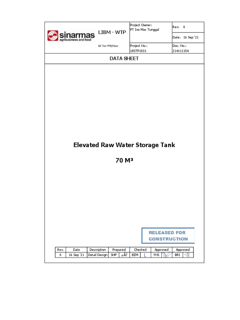 Elevated Raw Water Storage Tank 70 m3 | Download Free PDF | Mechanical ...