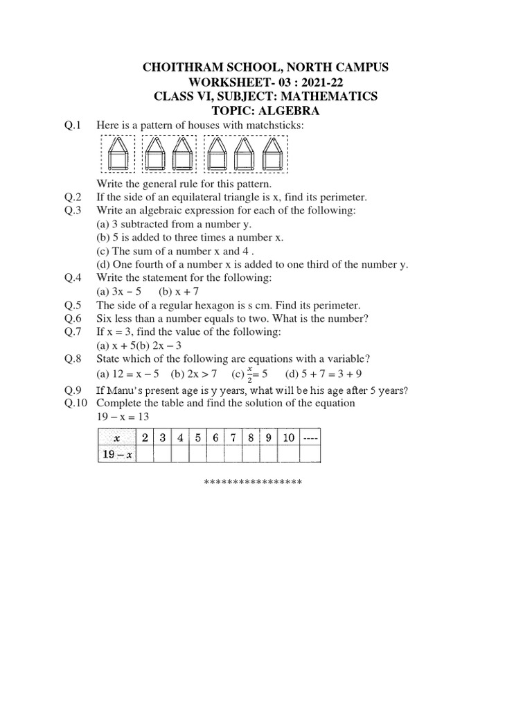 Class 6 Algebra Worksheet 2021-22 | PDF