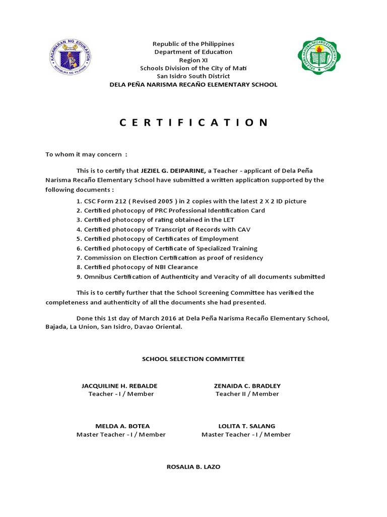 Certification For Teacher Applicants | PDF | Government | Government ...