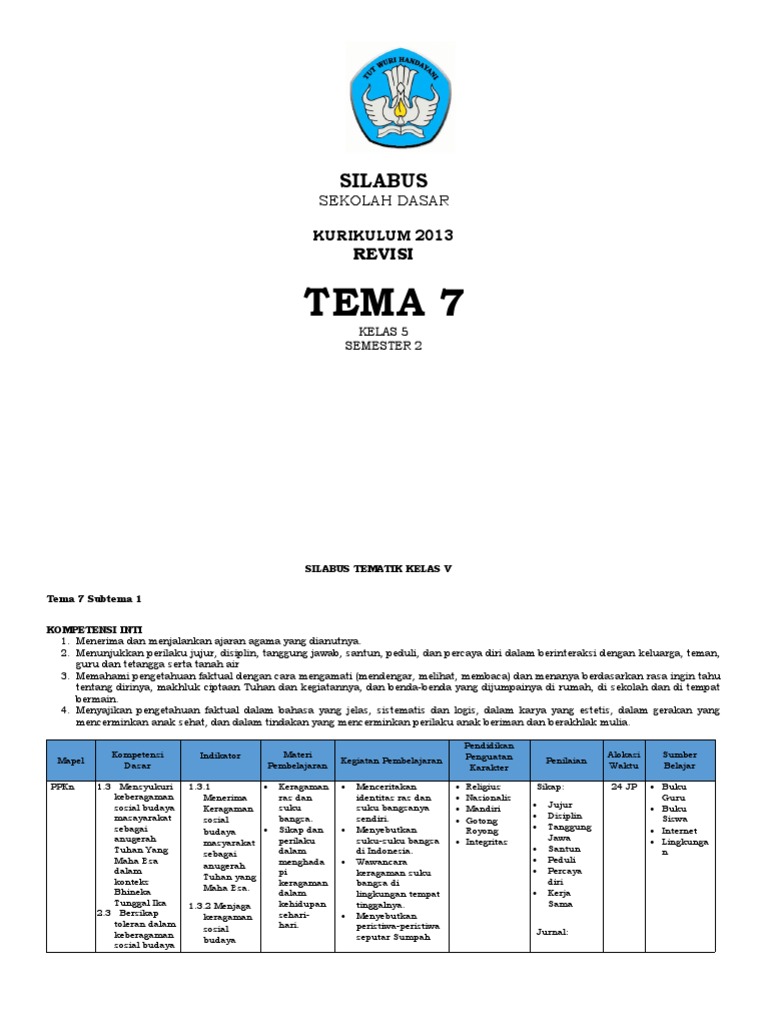 Silabus Tematik Kelas 5 Tema 7 | PDF