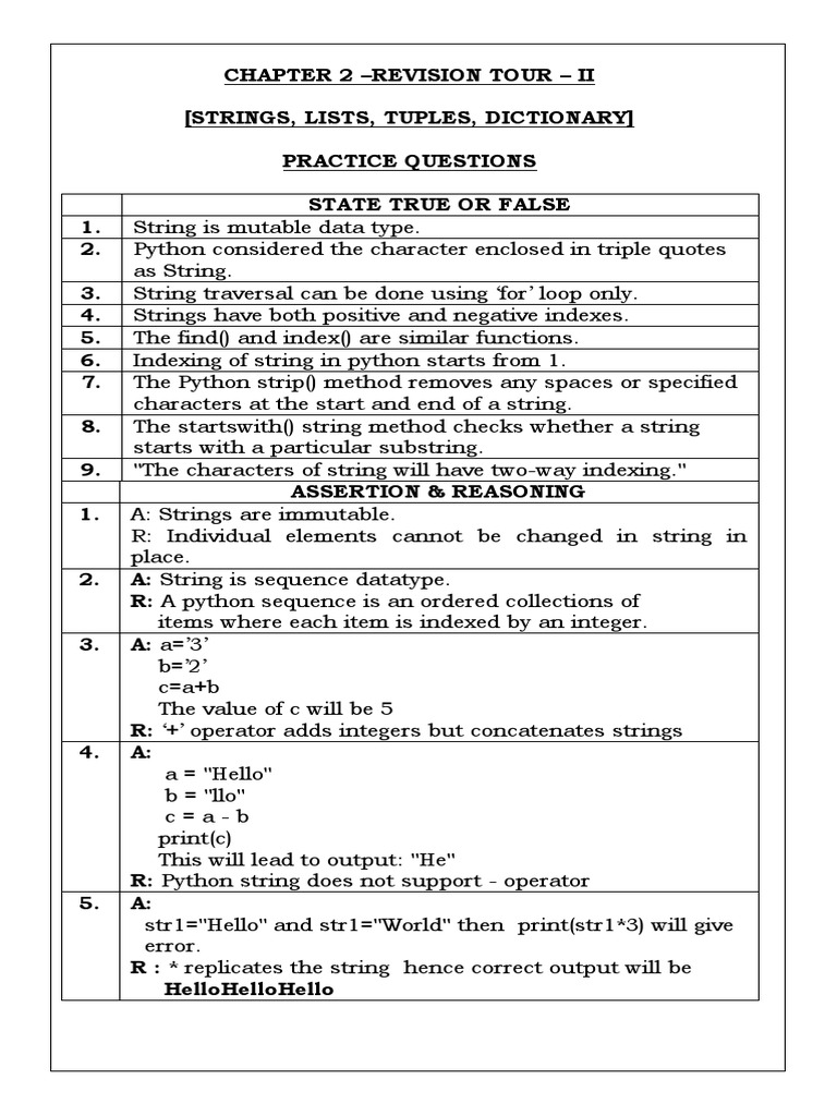 CH 2 - Revision Tour 2 - Practice Material For Board Exam | PDF | String (Computer Science ...