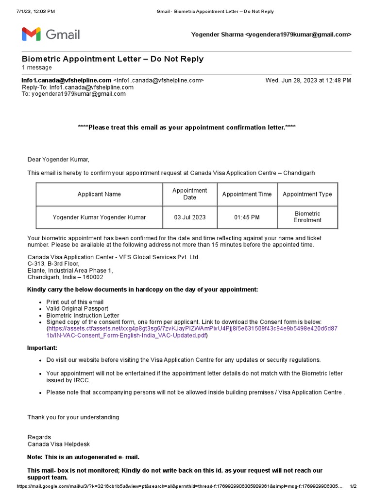 Gmail - Biometric Appointment Letter - Do Not Reply | PDF