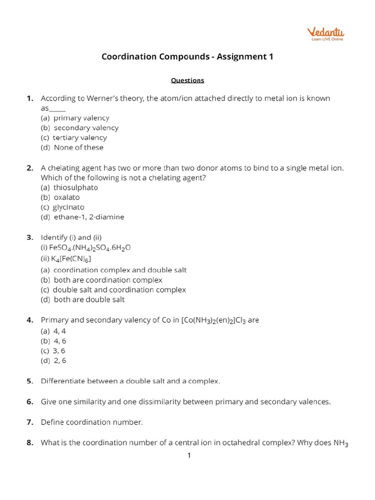 Coordination Compounds - Assignment 1 | PDF