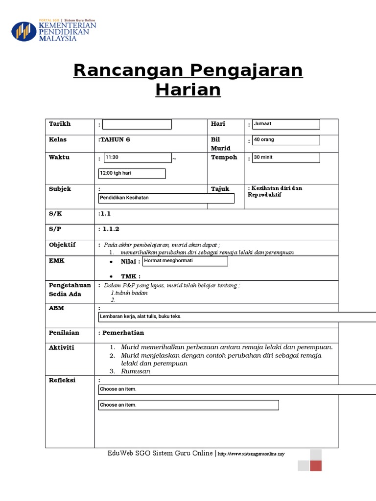 RPH PK Tahun 6 | PDF