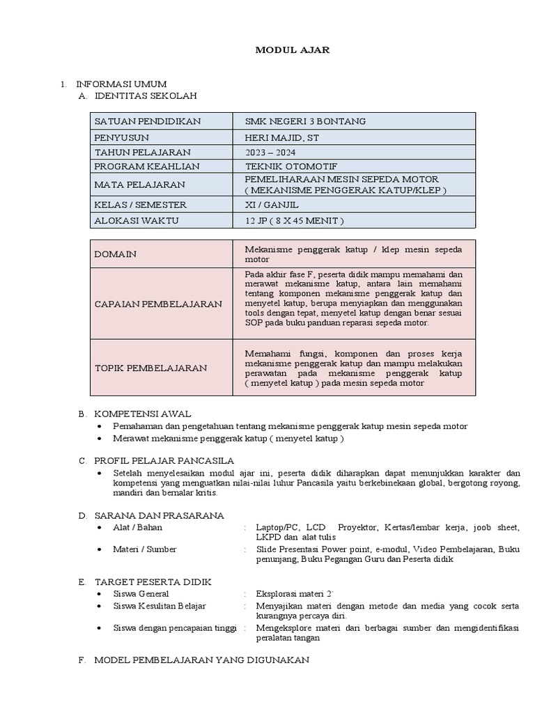 Modul Ajar SMK - XI TBSM - Heri Majid - Mekanisme Katup | PDF