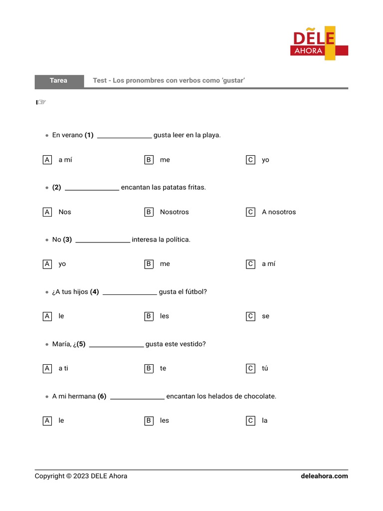 Test Los Pronombres Con Verbos Como Gustar | PDF