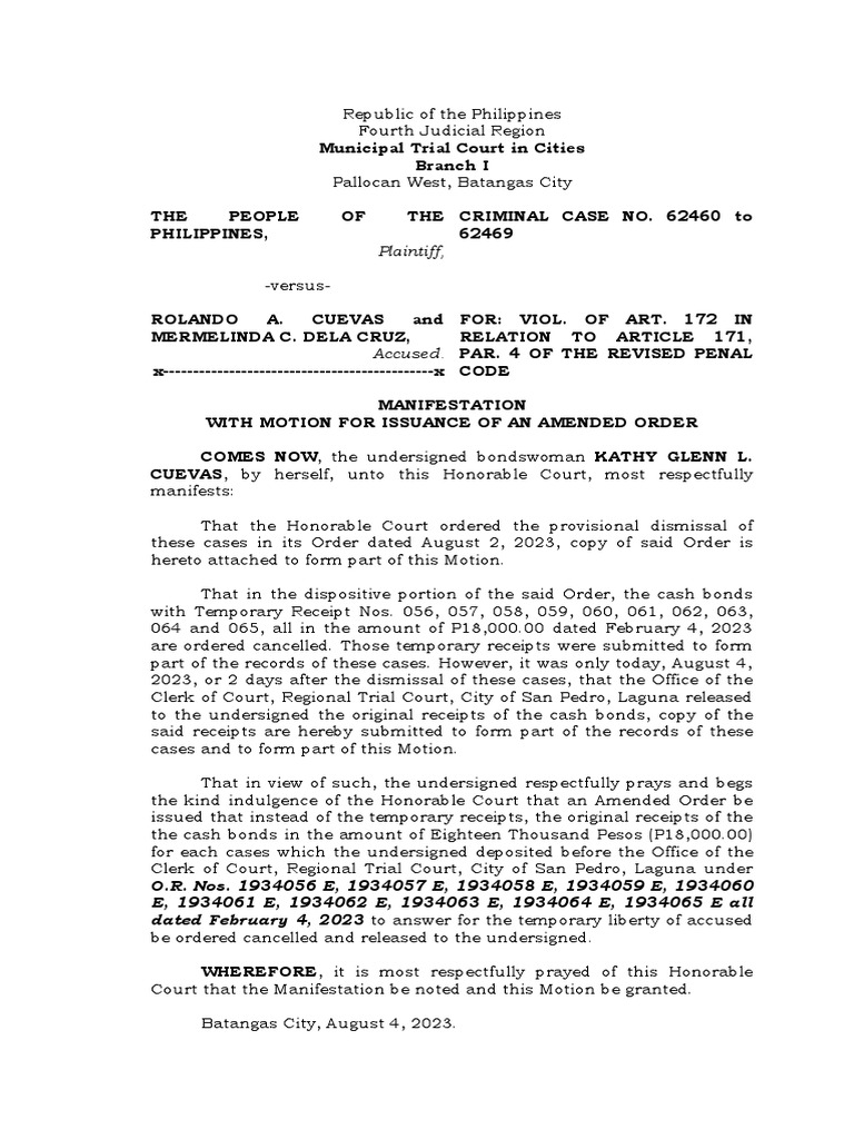 Motion 4 Release Cash Bond | PDF | Legal Procedure | Courts