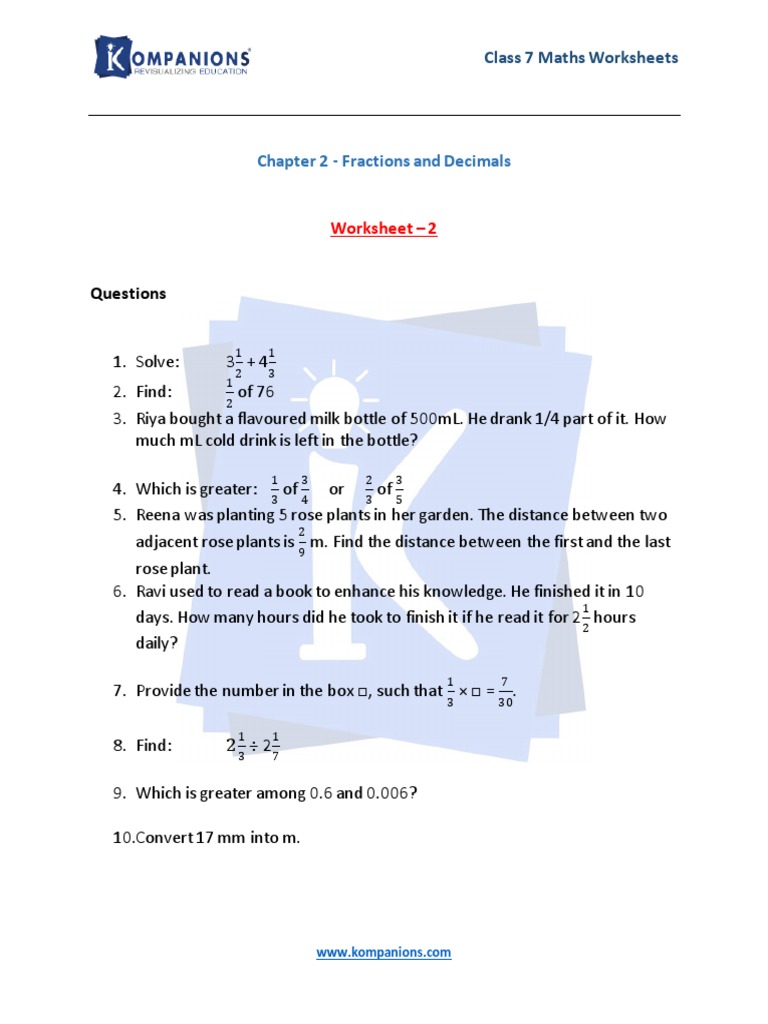 Class 7 Maths Chapter 2 Fractions and Decimals Worksheet 2 | PDF