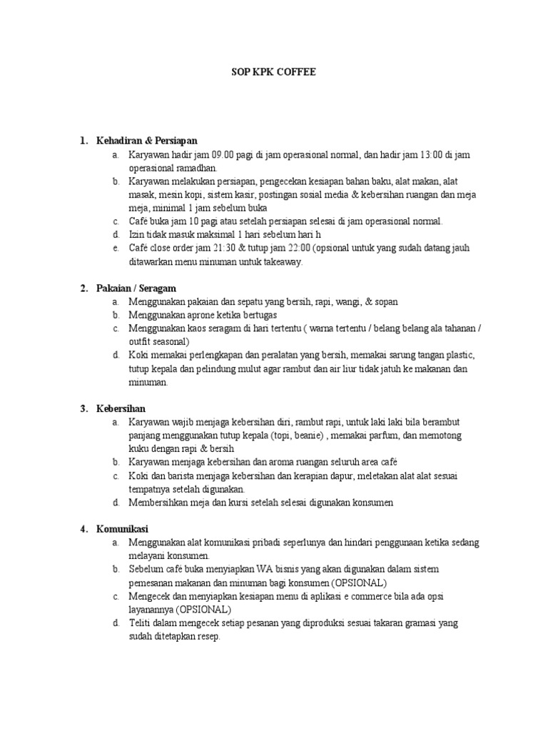 Sop Coffeshop Pdf
