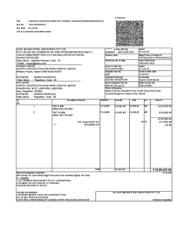 e-Invoice for Steel Supply to Rajasthan | PDF