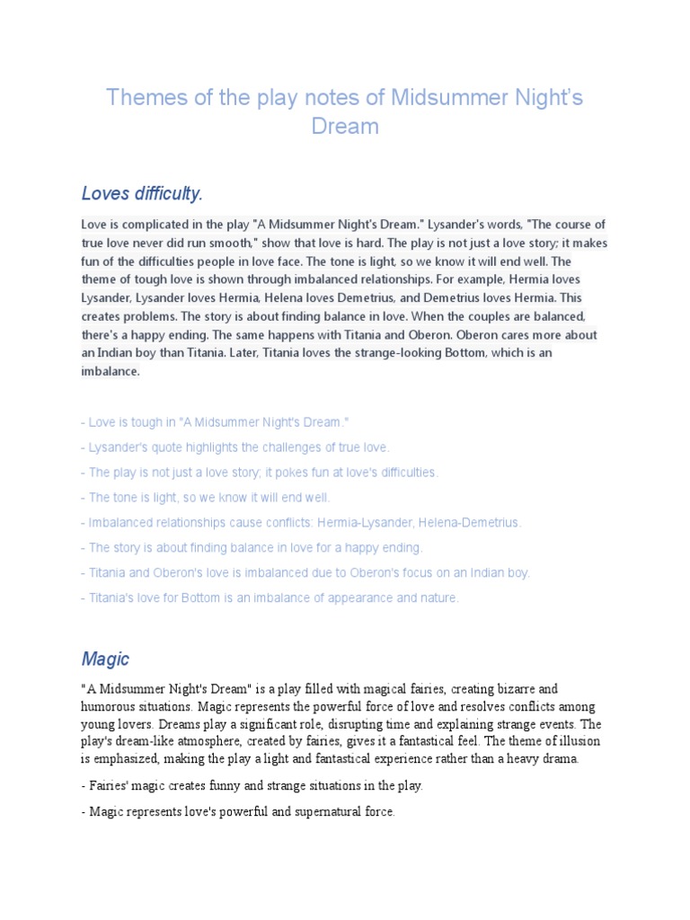 Themes of The Play Notes of Midsummer Night's Dream | PDF | A Midsummer ...