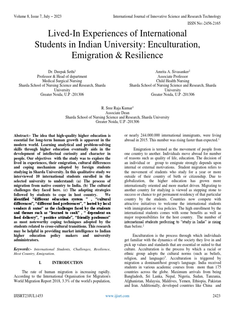 Lived-In Experiences of International Students in Indian University: Enculturation, Emigration ...