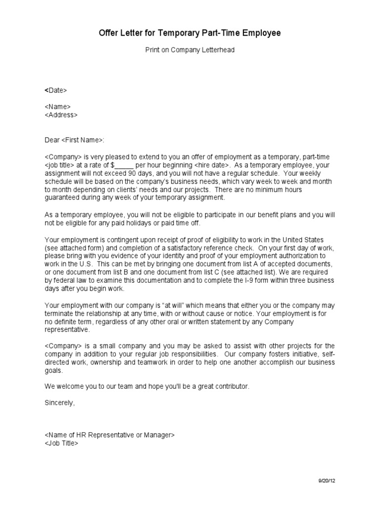 Offer Letter Template For Temporary Employment Word Format | PDF