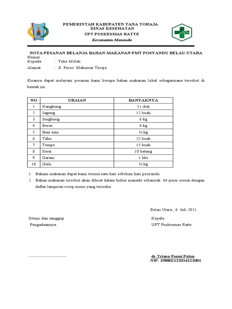 Nota Pesanan Bahan Makanan PMT Posyandu | PDF