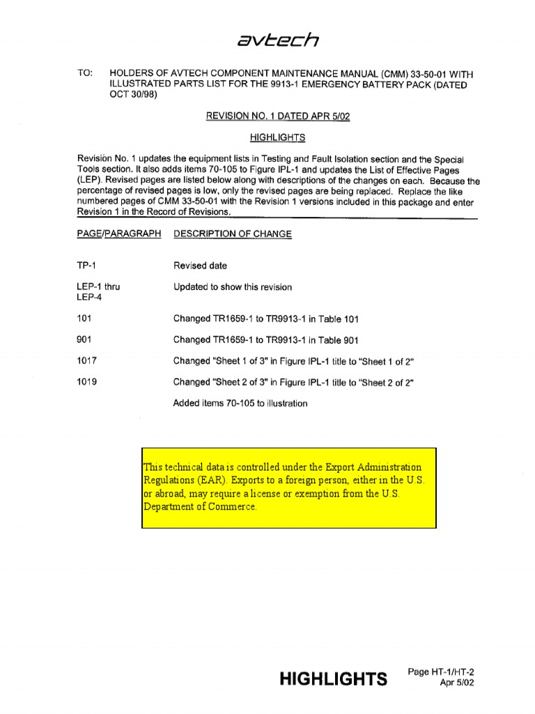 Avtech Emergency Battery Pack 33-50-01 Componenet Maintenance Manual | PDF