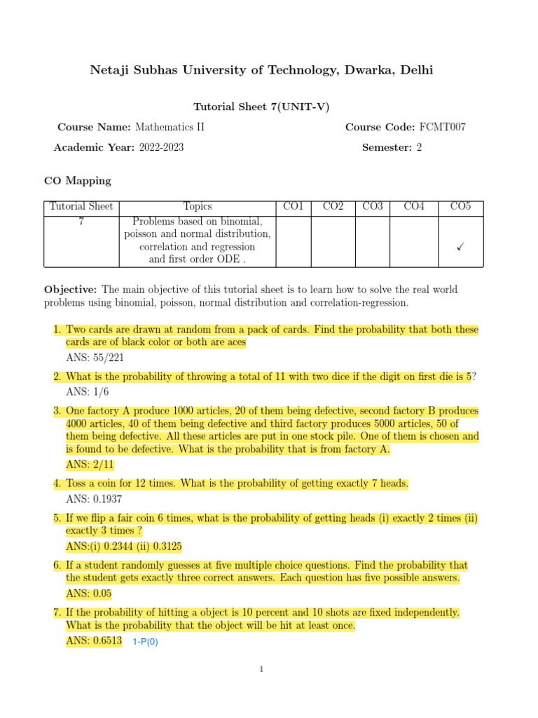 Tutorial Sheet Unit 5 | PDF | Variance | Probability Distribution