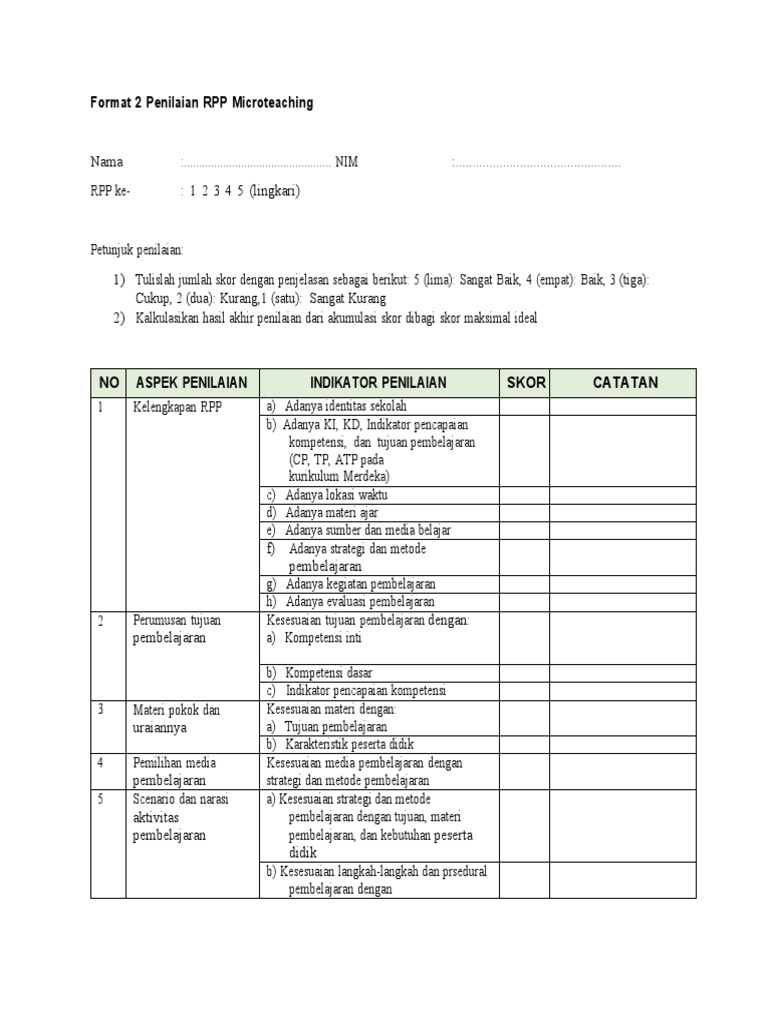 Format 2 Penilaian RPP Microteaching | PDF | Karier & Perkembangan
