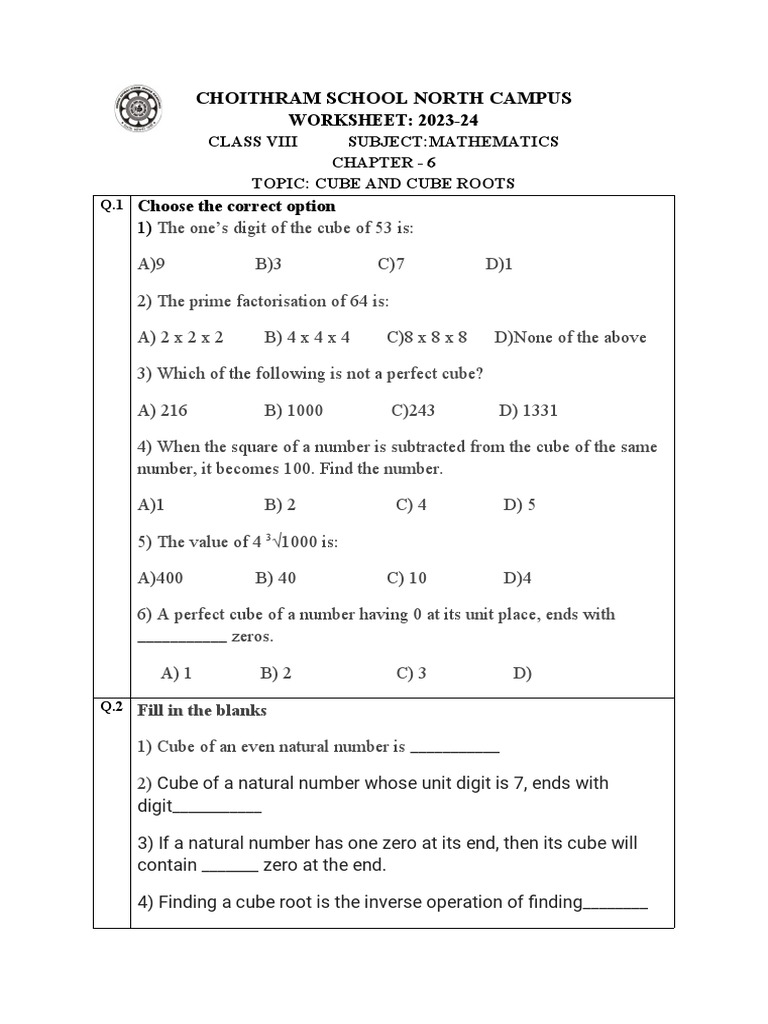Worksheet Cune and Cube Root Nw. Class 8 Maths | PDF