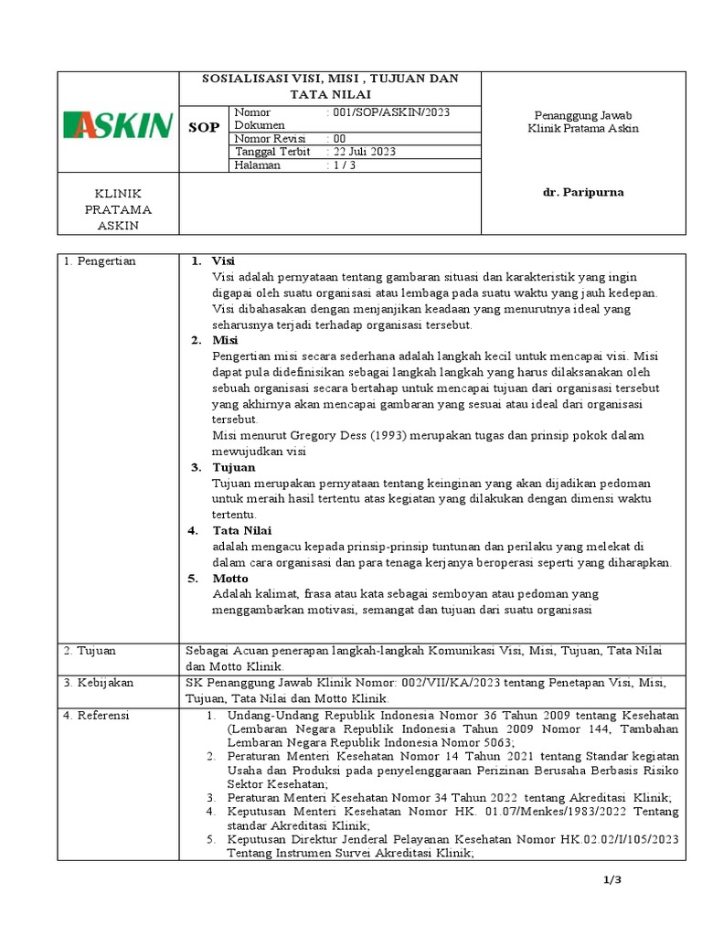 SOP Sosialisasi Visi, Misi, Tujuan Dan Tata Nilai KLINIK ASKLIN | PDF