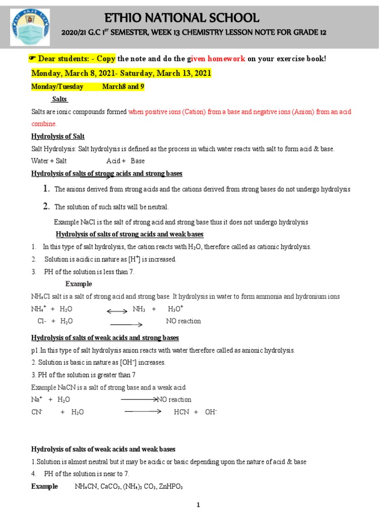 Grade 12 Chemistry Lesson Note Week 13 | PDF | Salt (Chemistry) | Acid