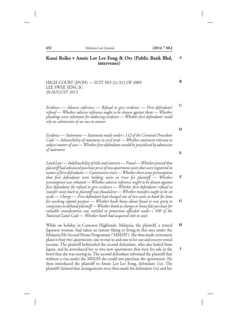 Kasai Reiko V Annie Lor Lee Fong & Ors (Public Bank BHD, Intervener) | PDF | Lawsuit | Common Law
