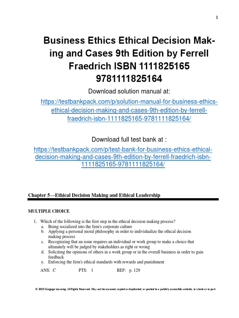 Business Ethics Ethical Decision Making and Cases 9th Edition Ferrell ...