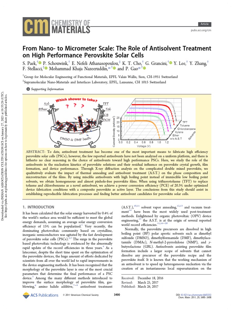 The Role of Antisolvent Treatment On High Performance Perovskite Solar ...