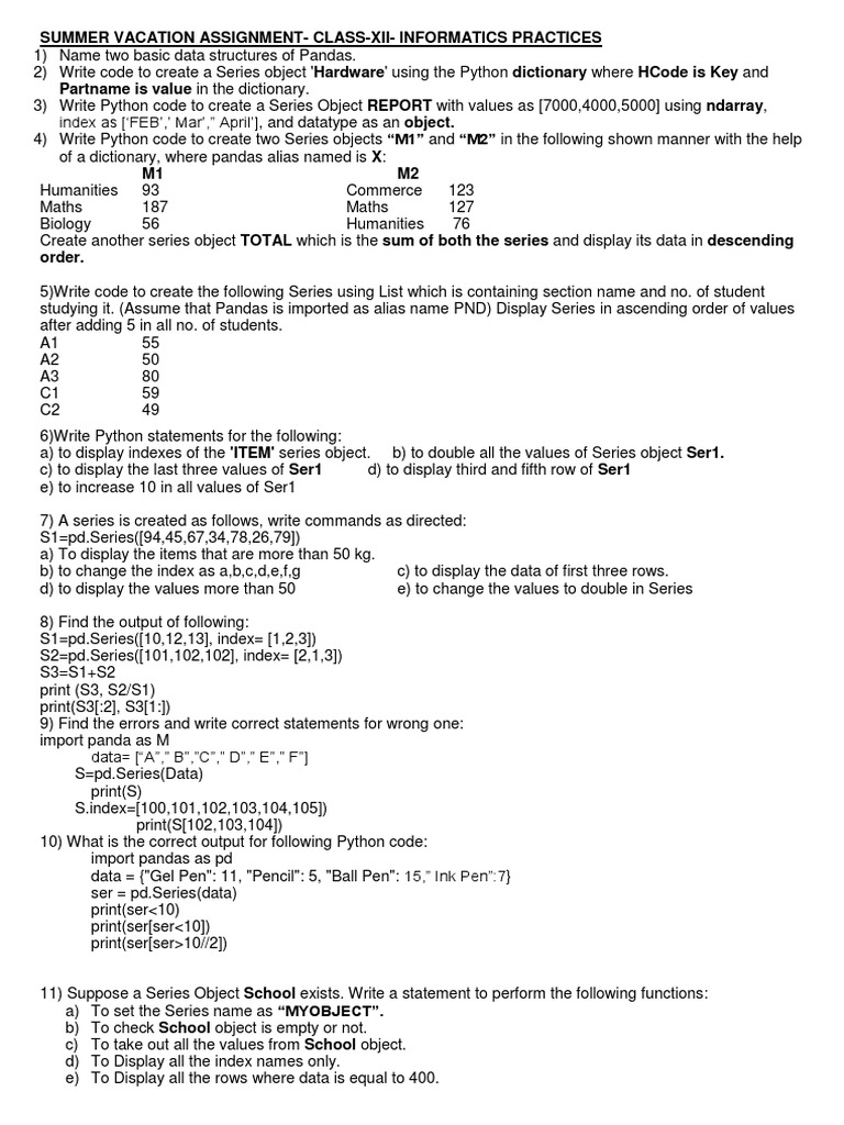 SUMMER VACATION ASSIGNMENT SHEET-info-pract-XII (23-24) | PDF | Computers