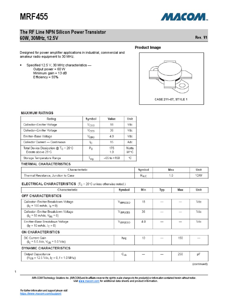 MRF455 | PDF | Bipolar Junction Transistor | Amplifier