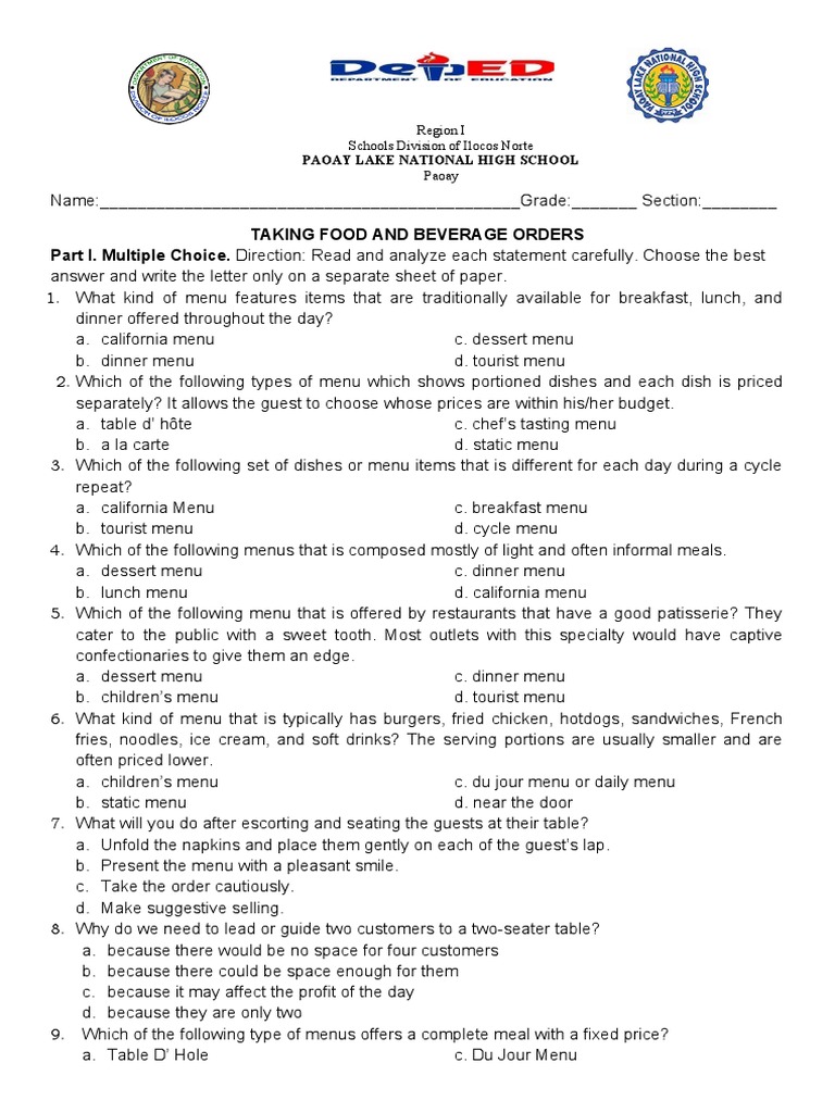 FBS 3 Quiz | PDF | Menu | Cuisine