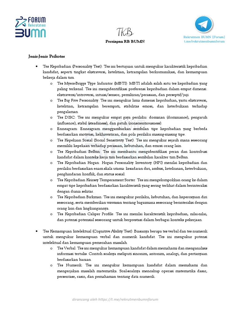 TKB - Psikotes Rekrutmen BUMN Forum 2023 | PDF