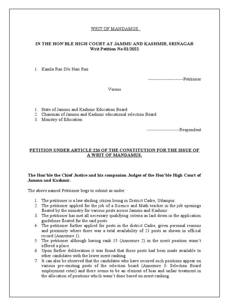 WRIT Drafting Aadish Goel | PDF | Writ | Mandamus