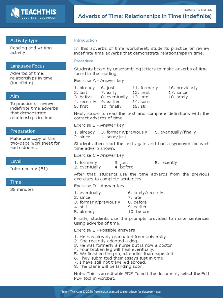 Indefinite Time Adverbs Worksheet | PDF