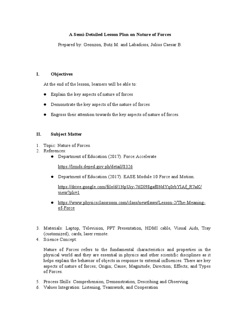 A Semi - Detailed Lesson Plan On Nature of Forces | PDF | Force | Mechanics