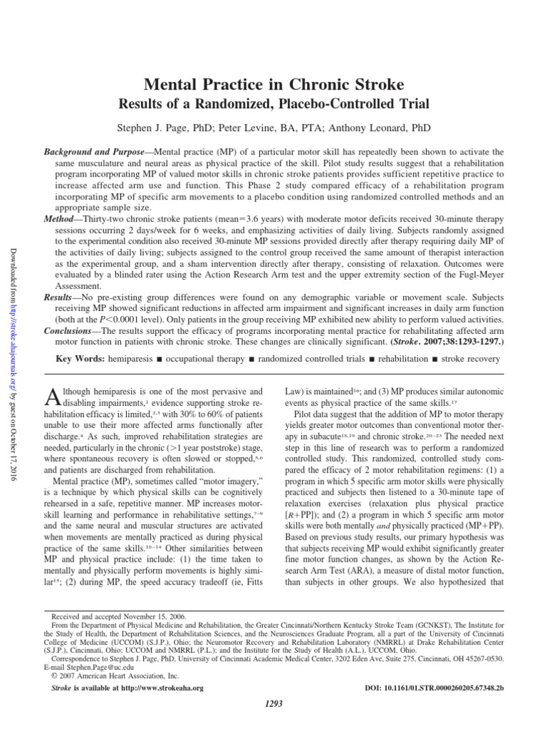 Mental Practice in Chronic Stroke | PDF | Physical Therapy | Placebo Controlled Study