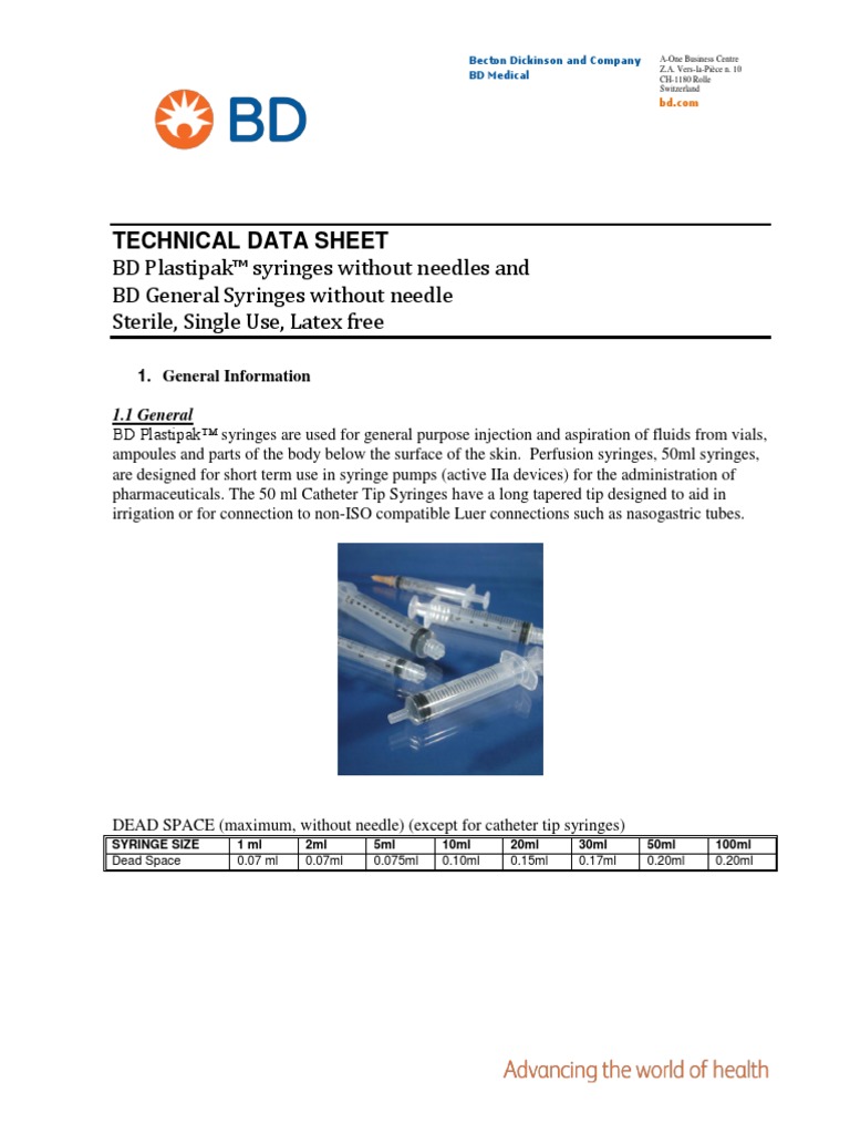BD EU Syringes - Technical Data Sheet | PDF | Syringe | Medical Equipment