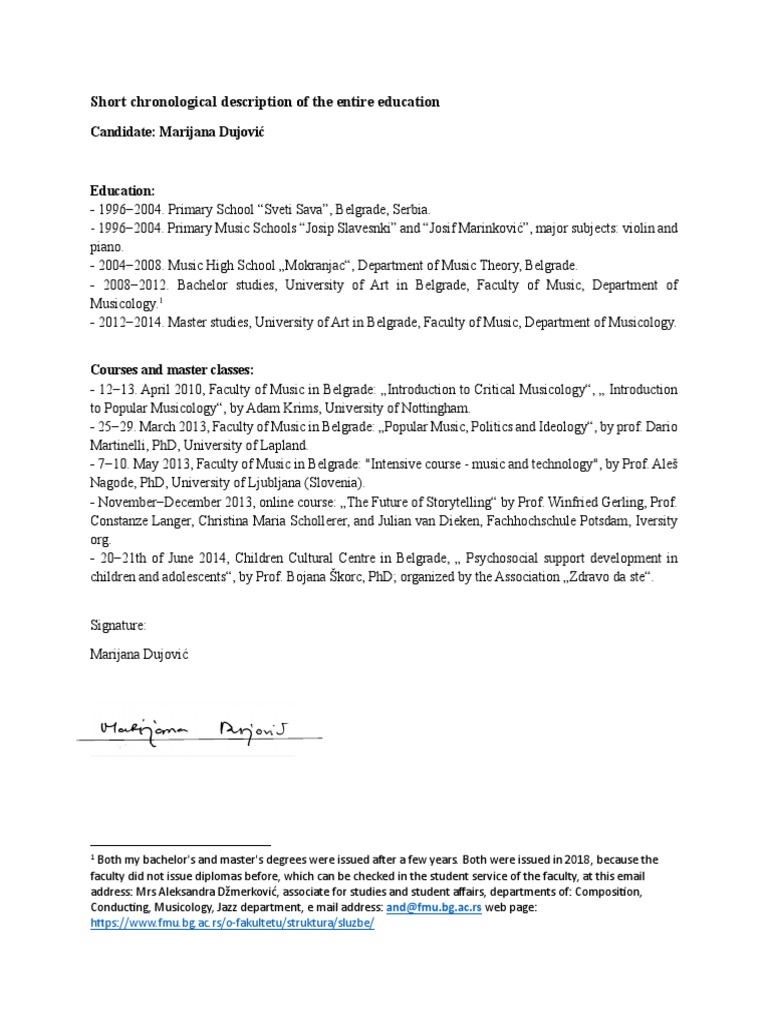 Short Chronological Description of The Entire Education | PDF