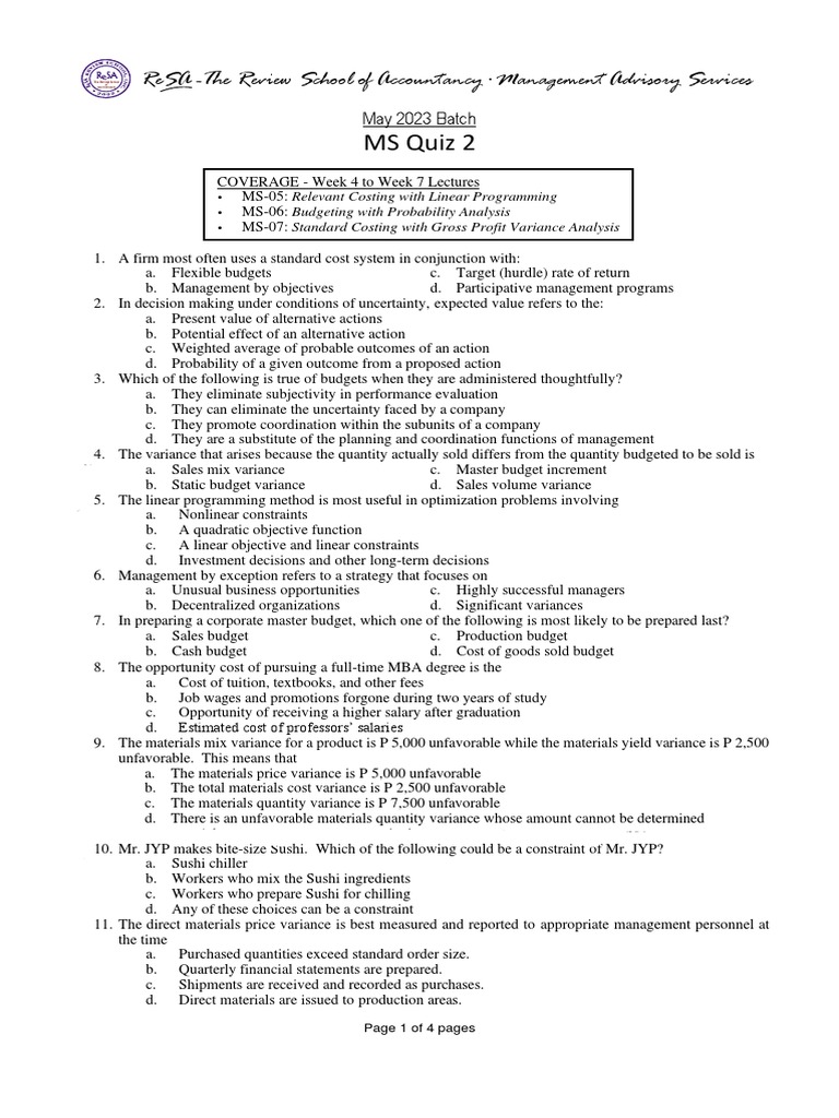 MS Quiz 2: Costing and Budgeting Concepts | PDF | Business