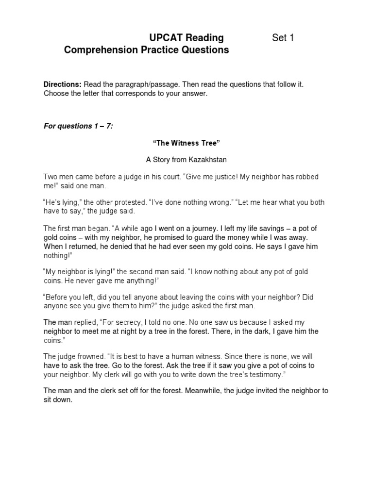 UPCAT Reading Comprehension Practice Questions Set 1 | PDF