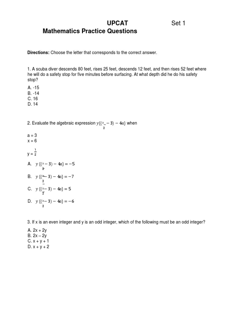 UPCAT Mathematics Practice Questions Set 1 | PDF