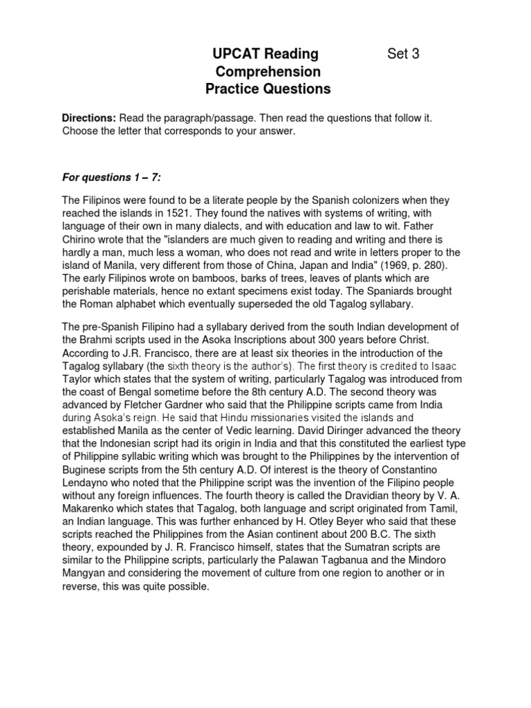UPCAT Reading Comprehension Practice Questions Set 3 | PDF | General Fiction