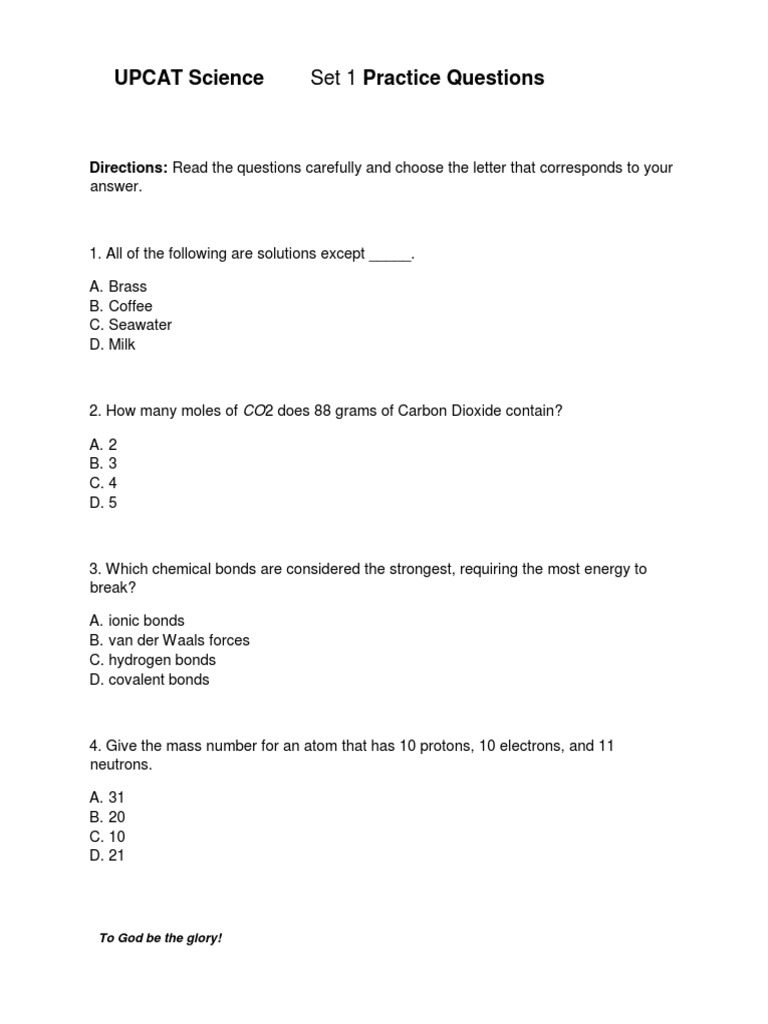 UPCAT Science Practice Questions Set 1 | PDF | Teaching Methods & Materials
